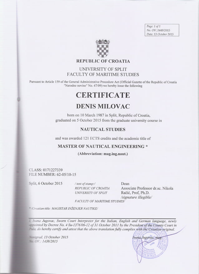 ENG University of Split - Faculty of Maritime Studies - certificate | PDF
