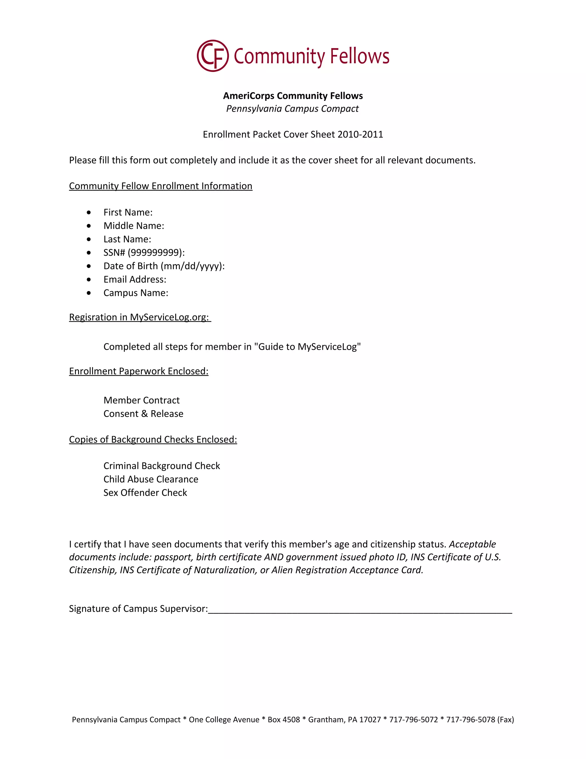Cf enrollment packet cover sheet 10 11 | DOC