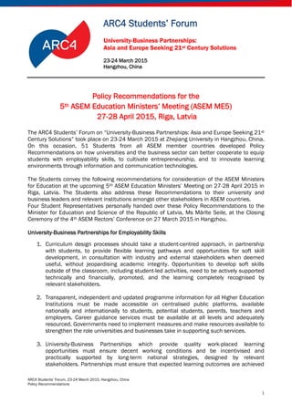 150408_ARC4 Students Forum_Policy Recommendations for ASEM ME5 | PDF