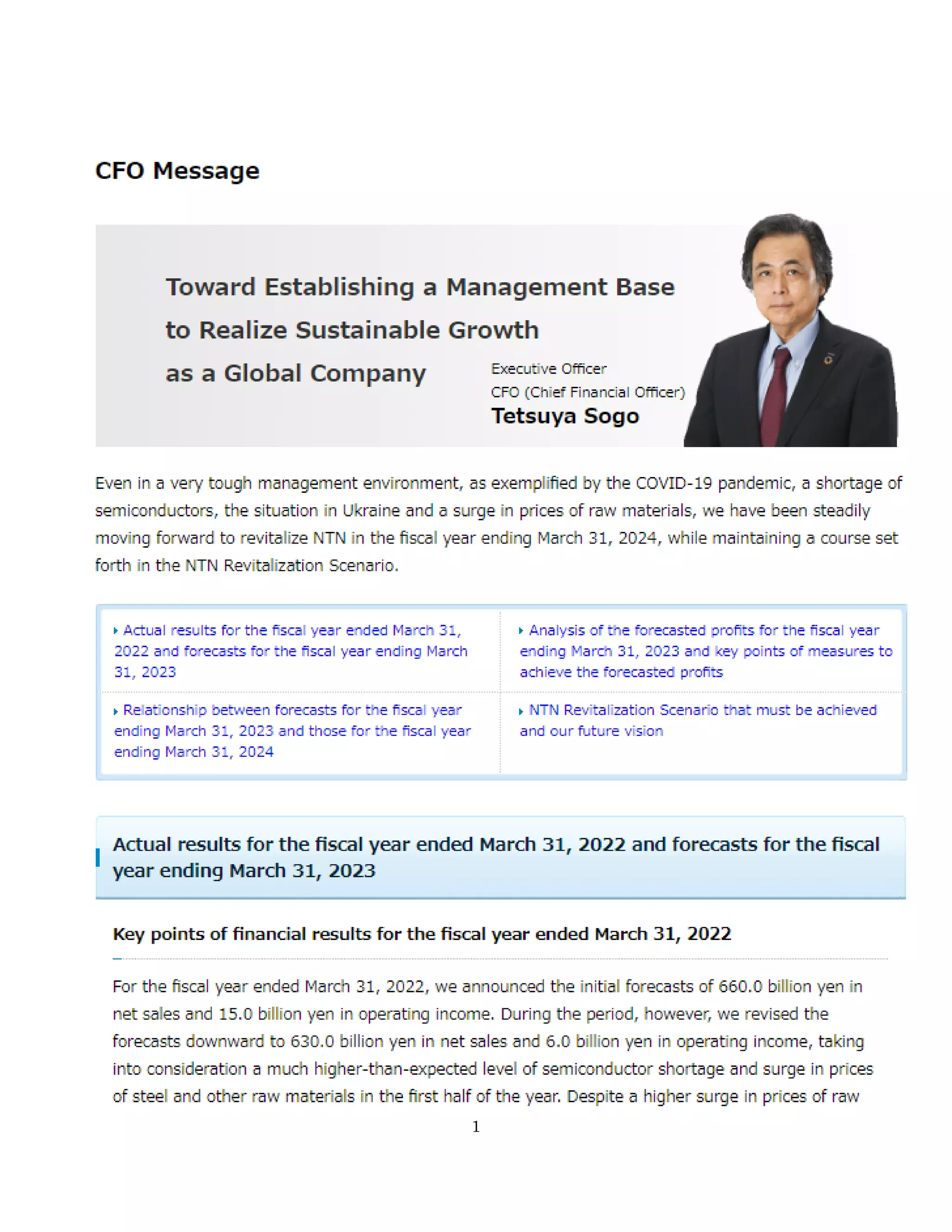 CFO Message in NTN Report 2022 (English & Japanese) | PDF