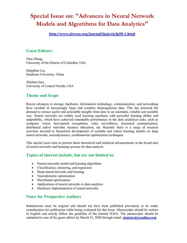 Special Issue on: "Advances in Neural Network Models and Algorithms for Data Analytics" | PDF