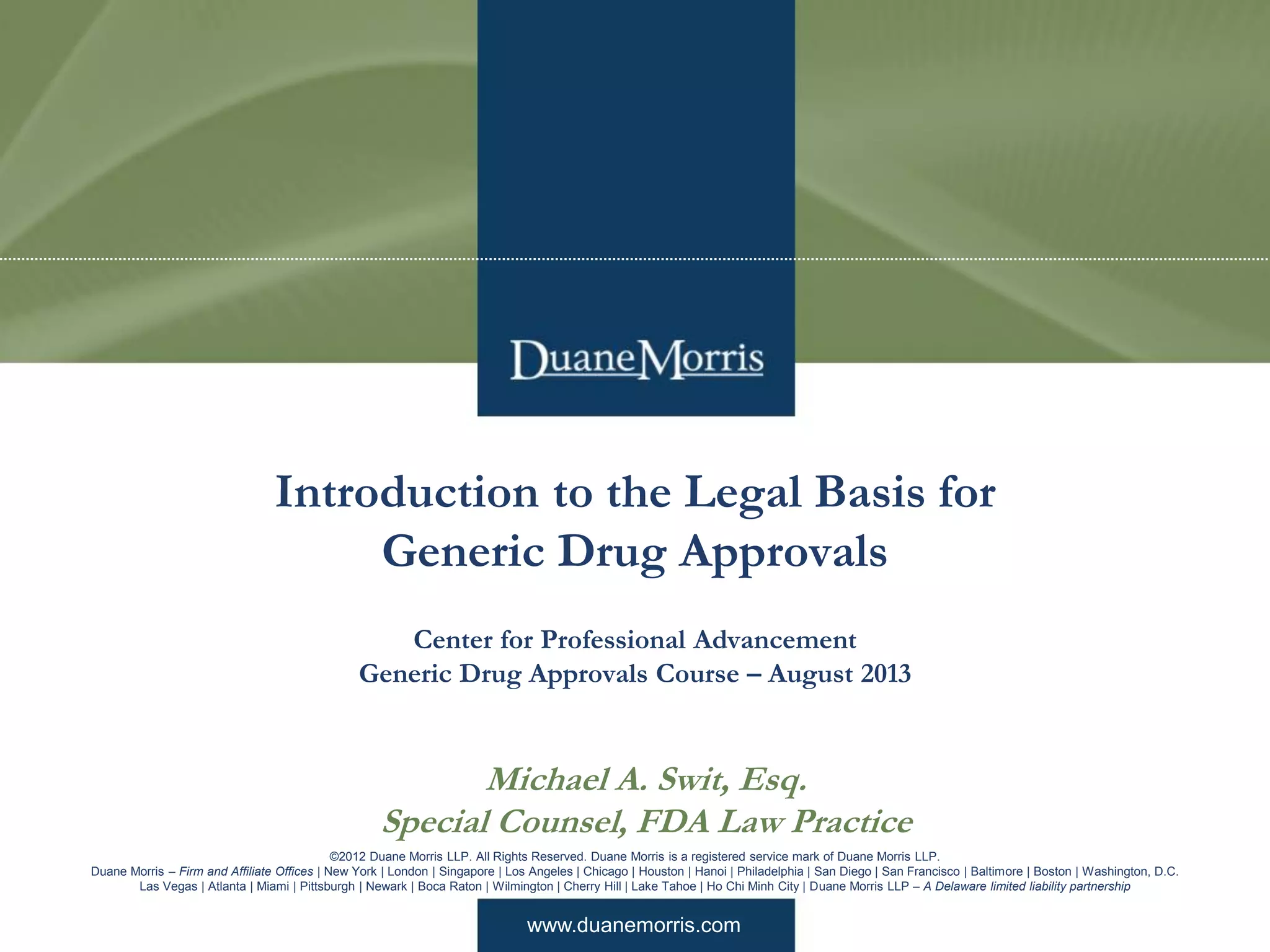 Introduction to the Legal Basis for Generic Drug Approvals | PDF
