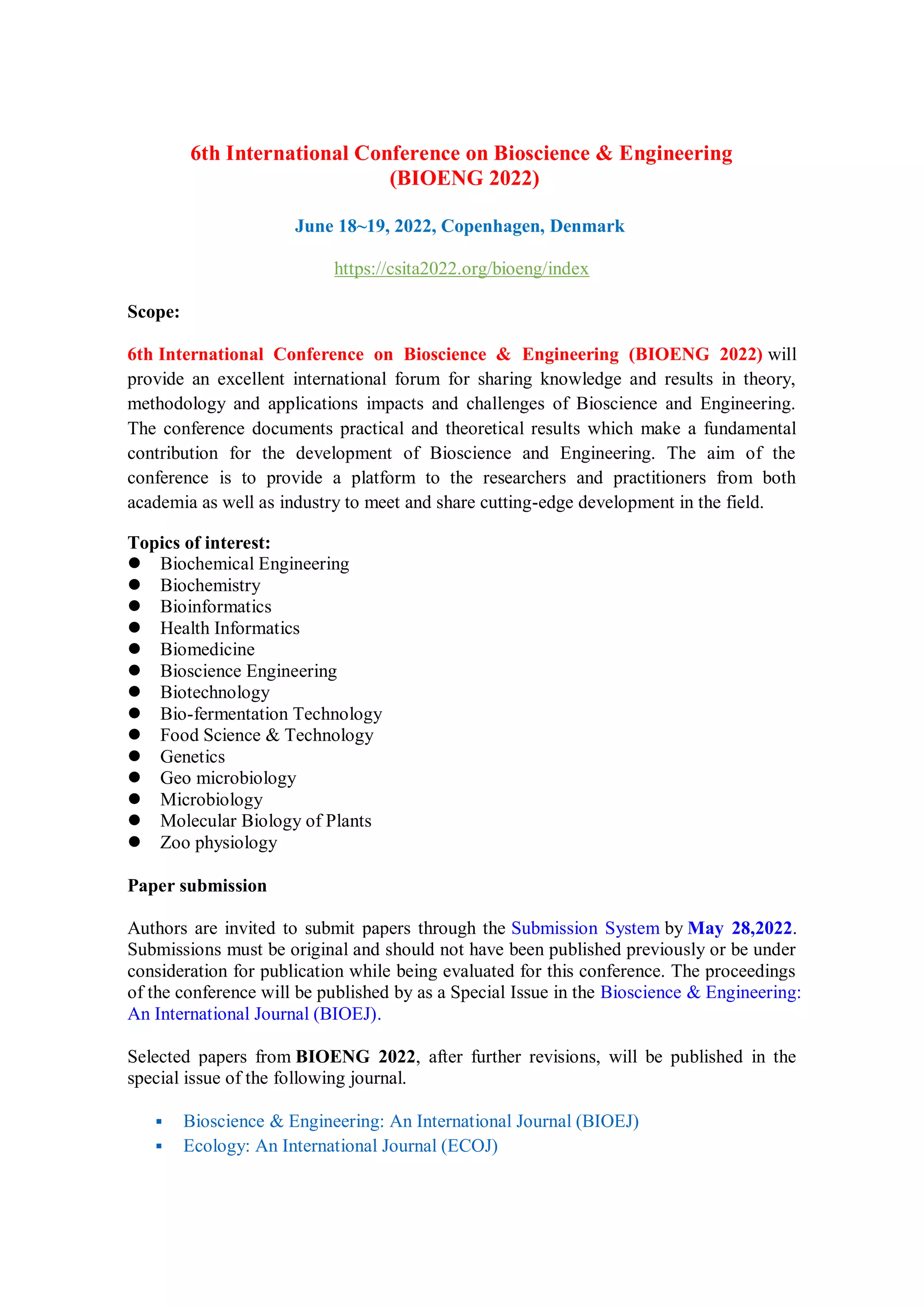 6thInternational Conference on Bioscience & Engineering(BIOENG 2022) | PDF
