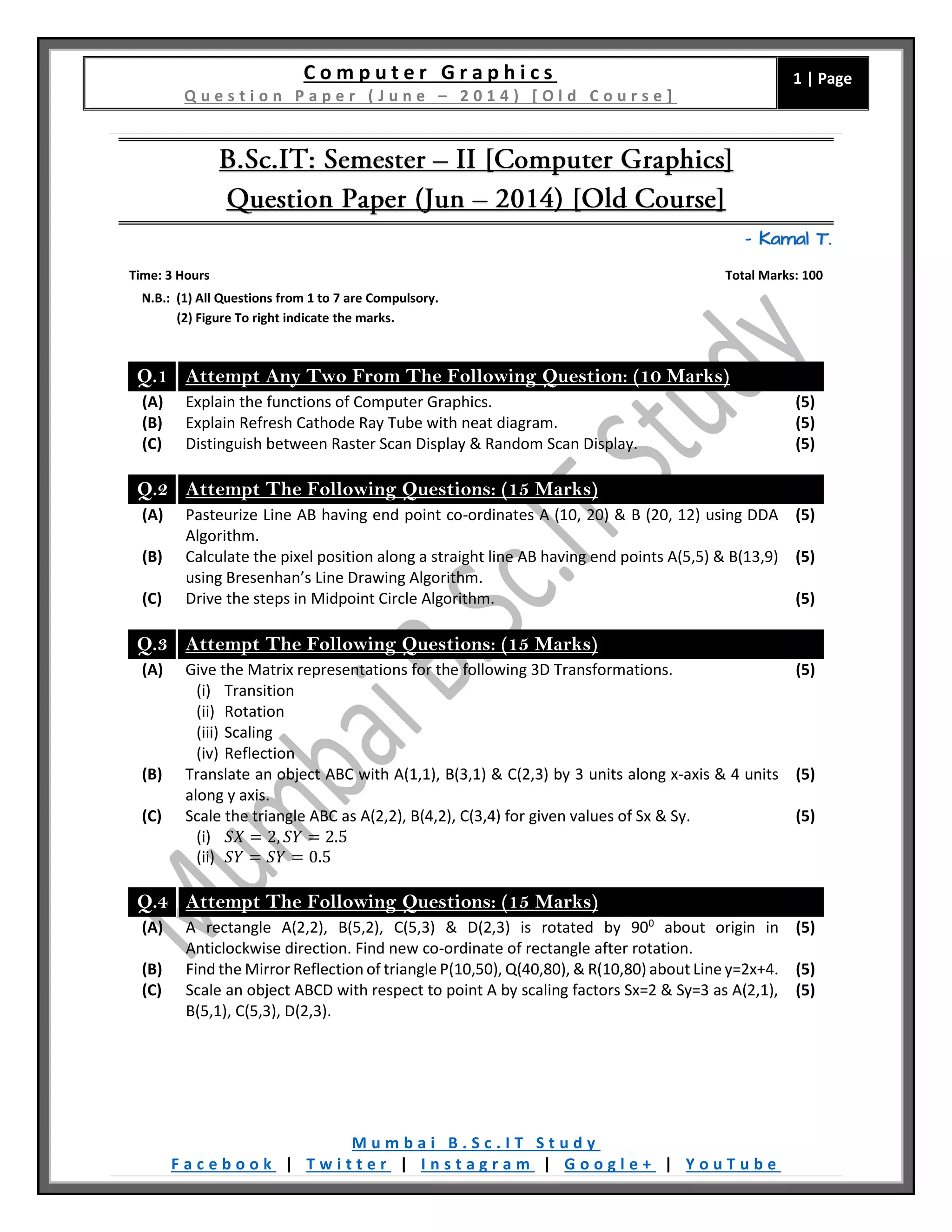 [Question Paper] Computer Graphics (Old Course) [June / 2014] | PDF