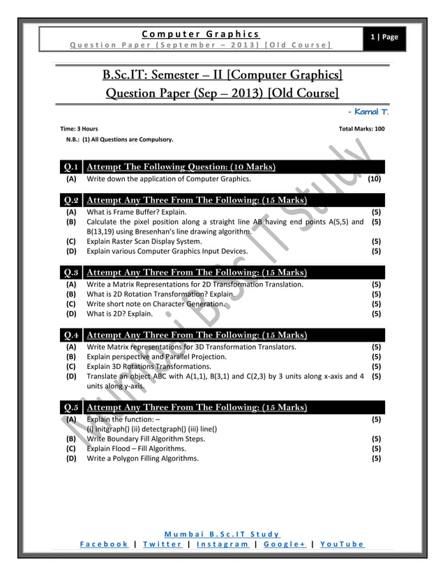 [Question Paper] Computer Graphics (Old Course) [September / 2013] | PDF