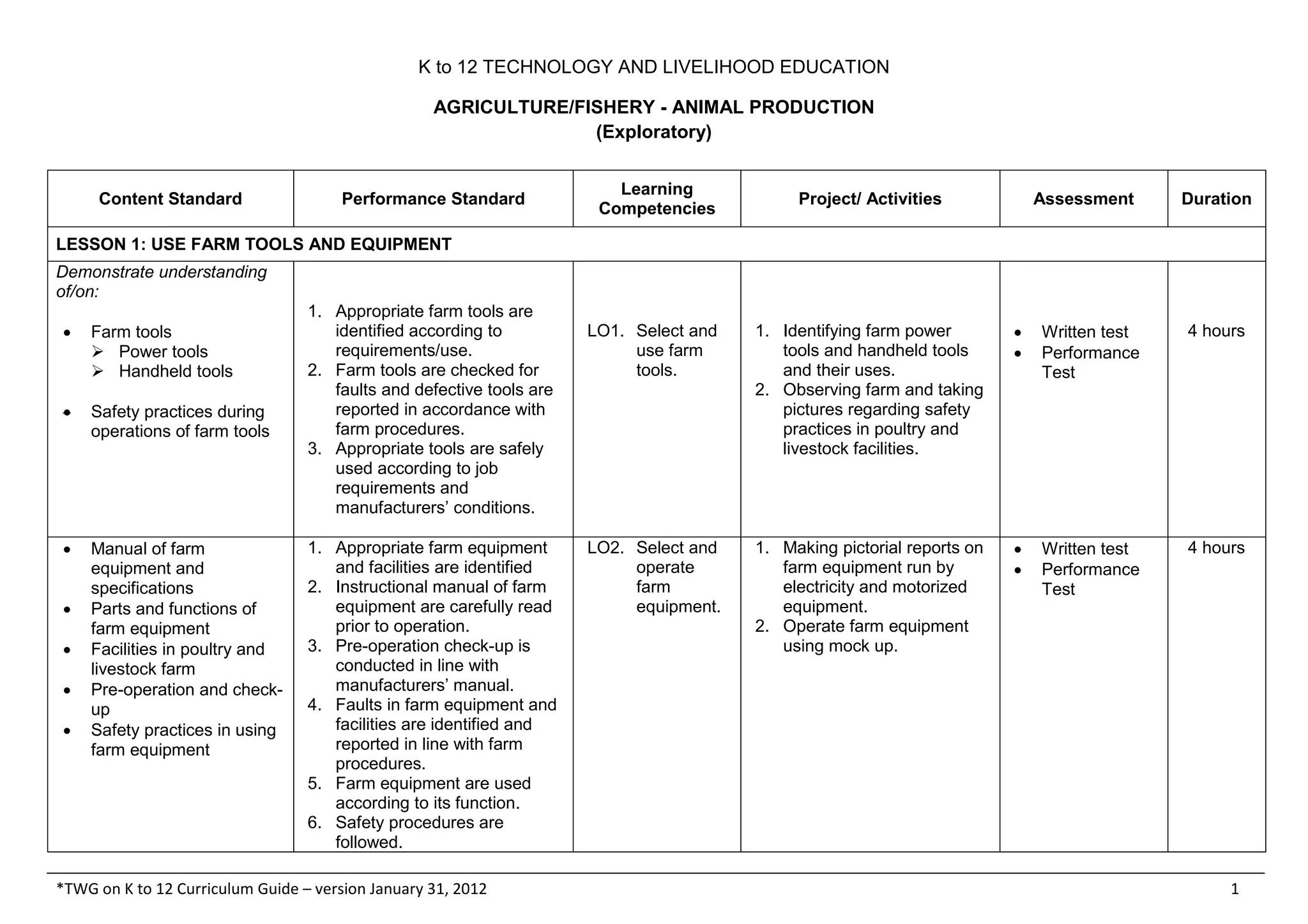 K to 12 TLE Curriculum Guide for Animal Production | PDF