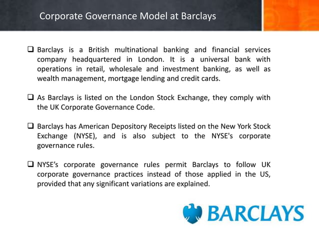 Corporate Governance Structure at UK | Barclays, RB, TESCO | PPTX