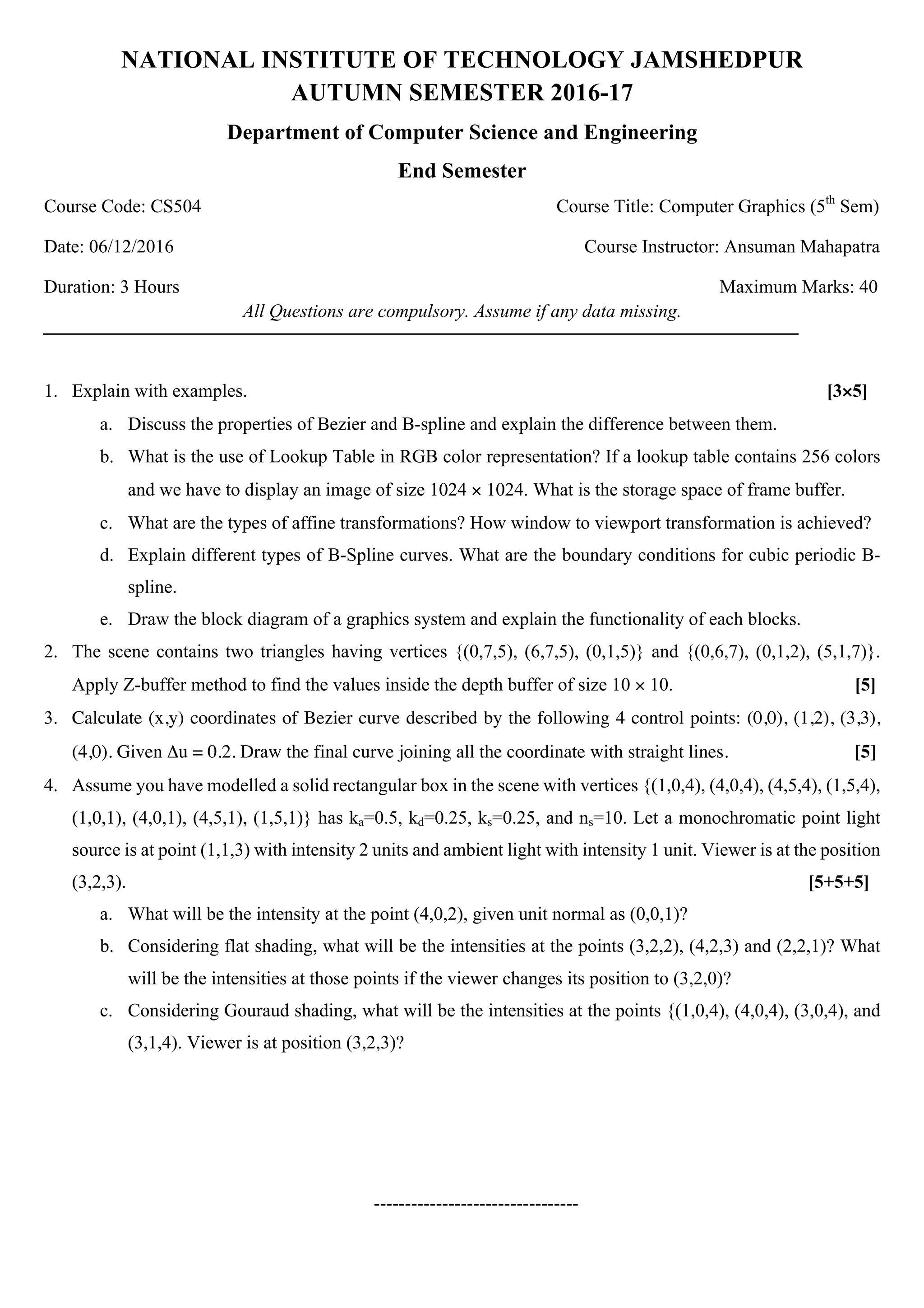 Computer Graphics End Semester Question Paper | PDF
