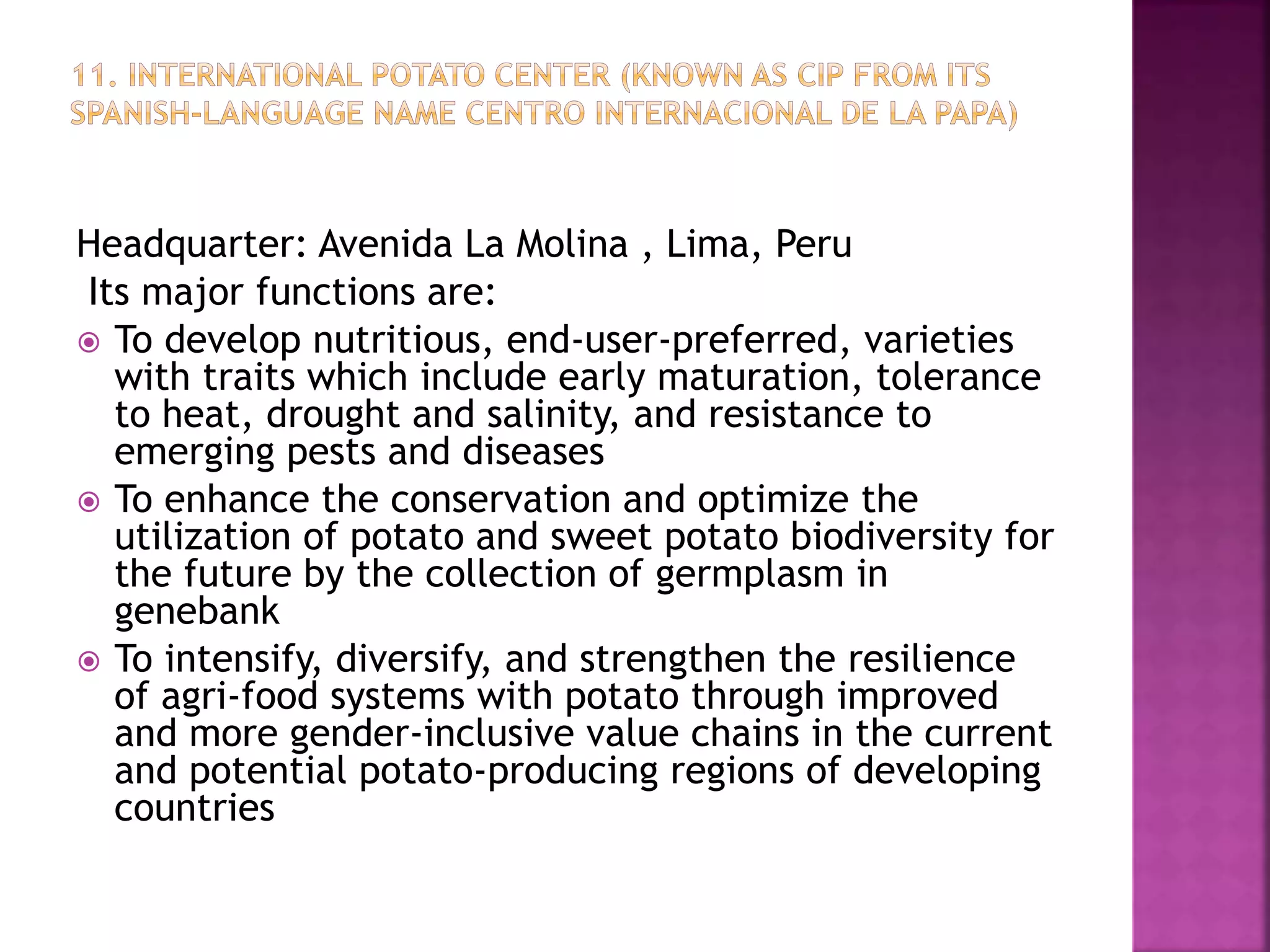 CGIAR RESEARCH CENTERS ALONG WITH THEIR HEADQUARTER AND MAJOR FUNCTIONS ...