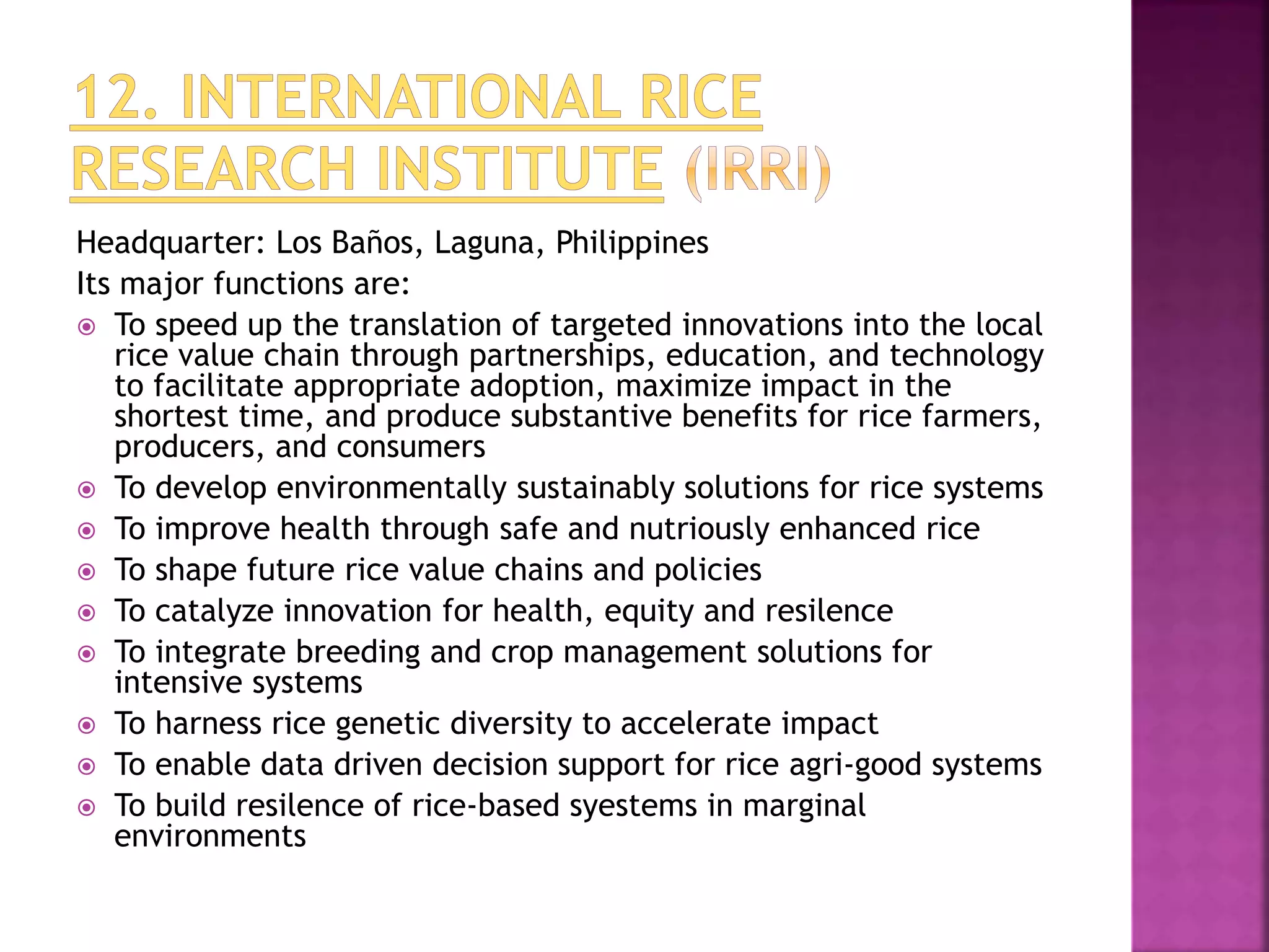 CGIAR RESEARCH CENTERS ALONG WITH THEIR HEADQUARTER AND MAJOR FUNCTIONS ...