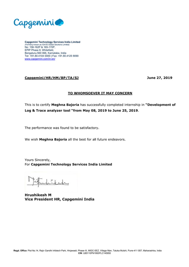 Capgemini internship letter | PDF