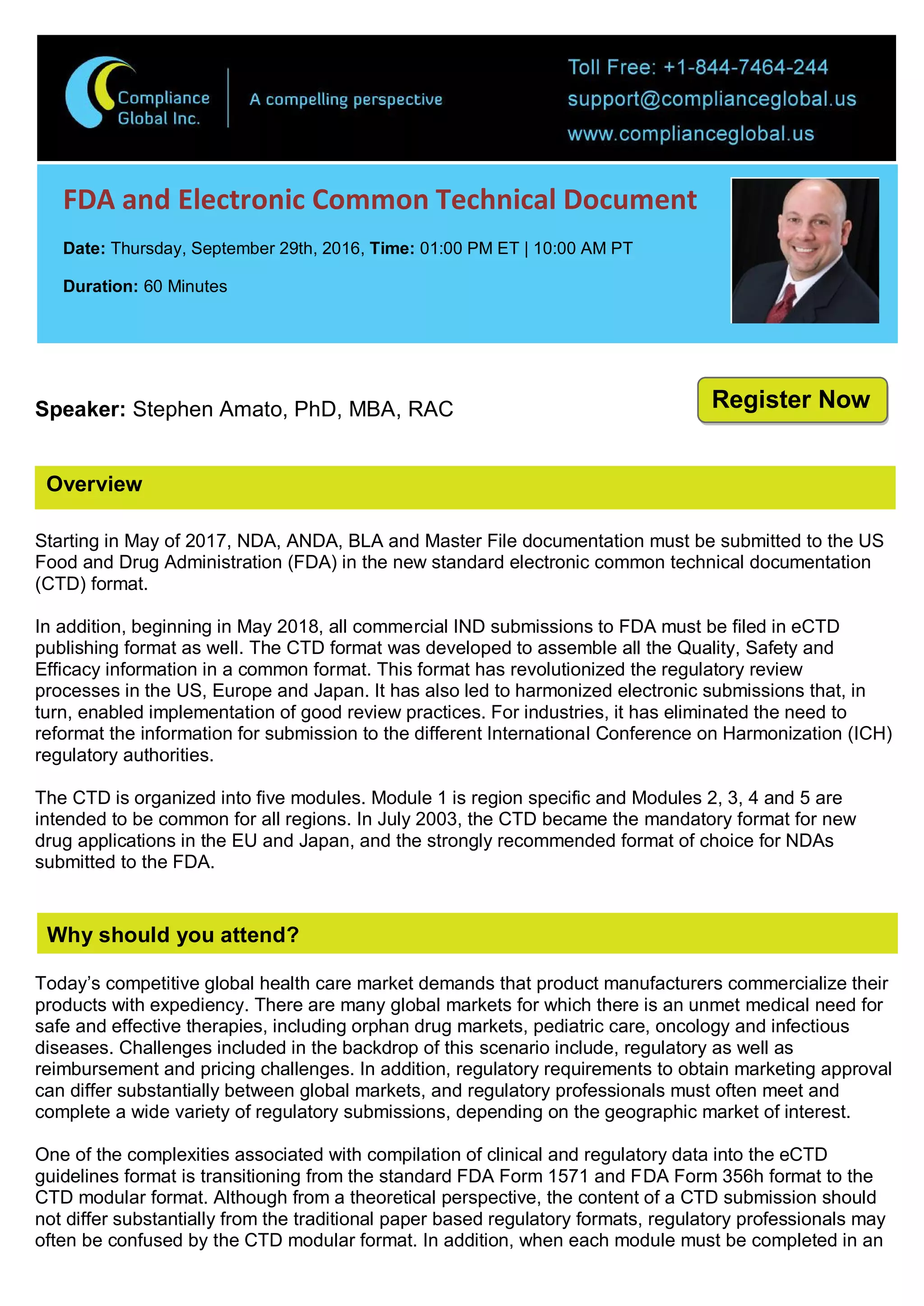 FDA and Electronic Common Technical Document - By Compliance Global Inc | PDF