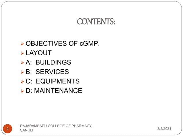 cGMP PRESENTATION [ Objectives ; Comparision ; Layout ] | PPTX | Indoor ...