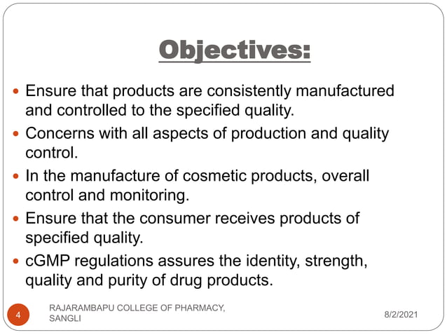 cGMP PRESENTATION [ Objectives ; Comparision ; Layout ] | PPTX | Indoor ...