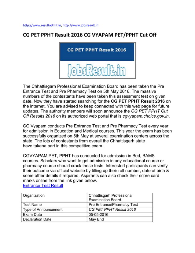 CG PET PPHT Result 2016 CG VYAPAM PET/PPHT Cut Off | PDF