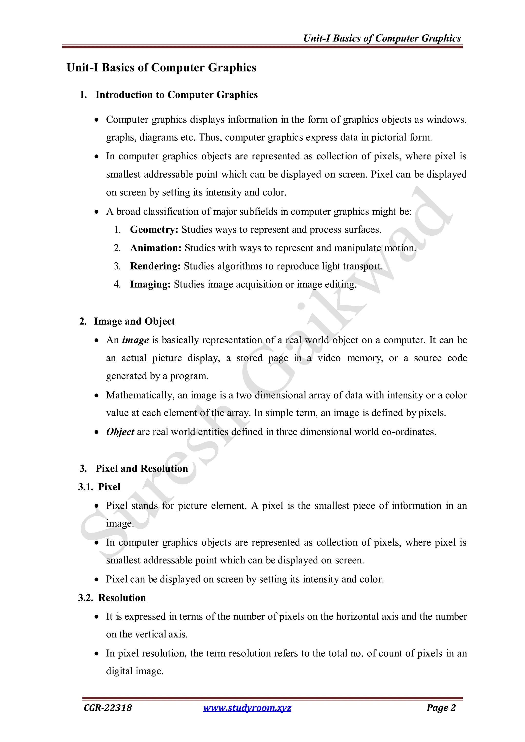 Cgr Unit 1 Basics Of Computer Graphicspdf Computing Technology