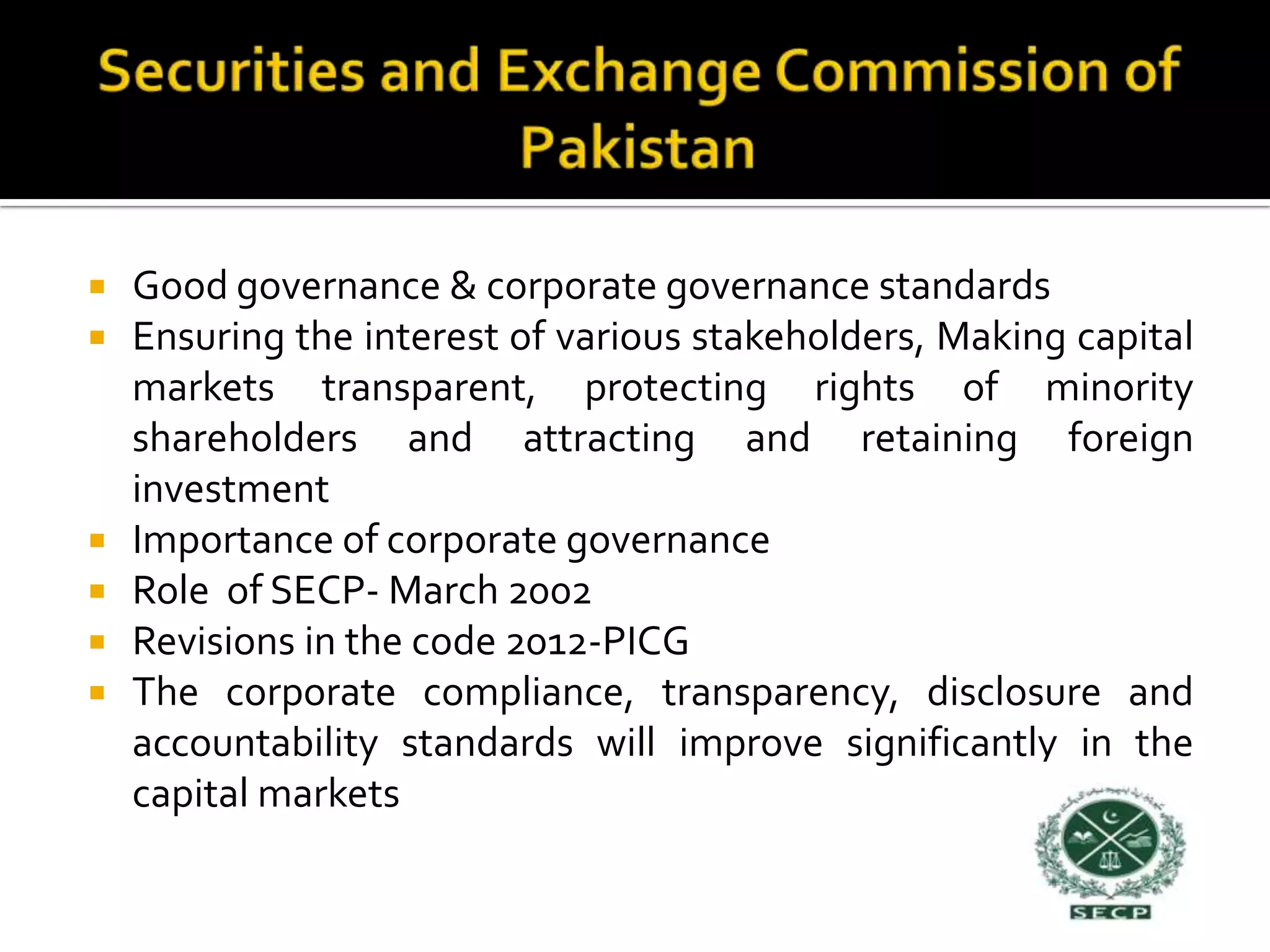 Cg & Role of SECP Securities and Exchange Commission of Pakistan | PPTX