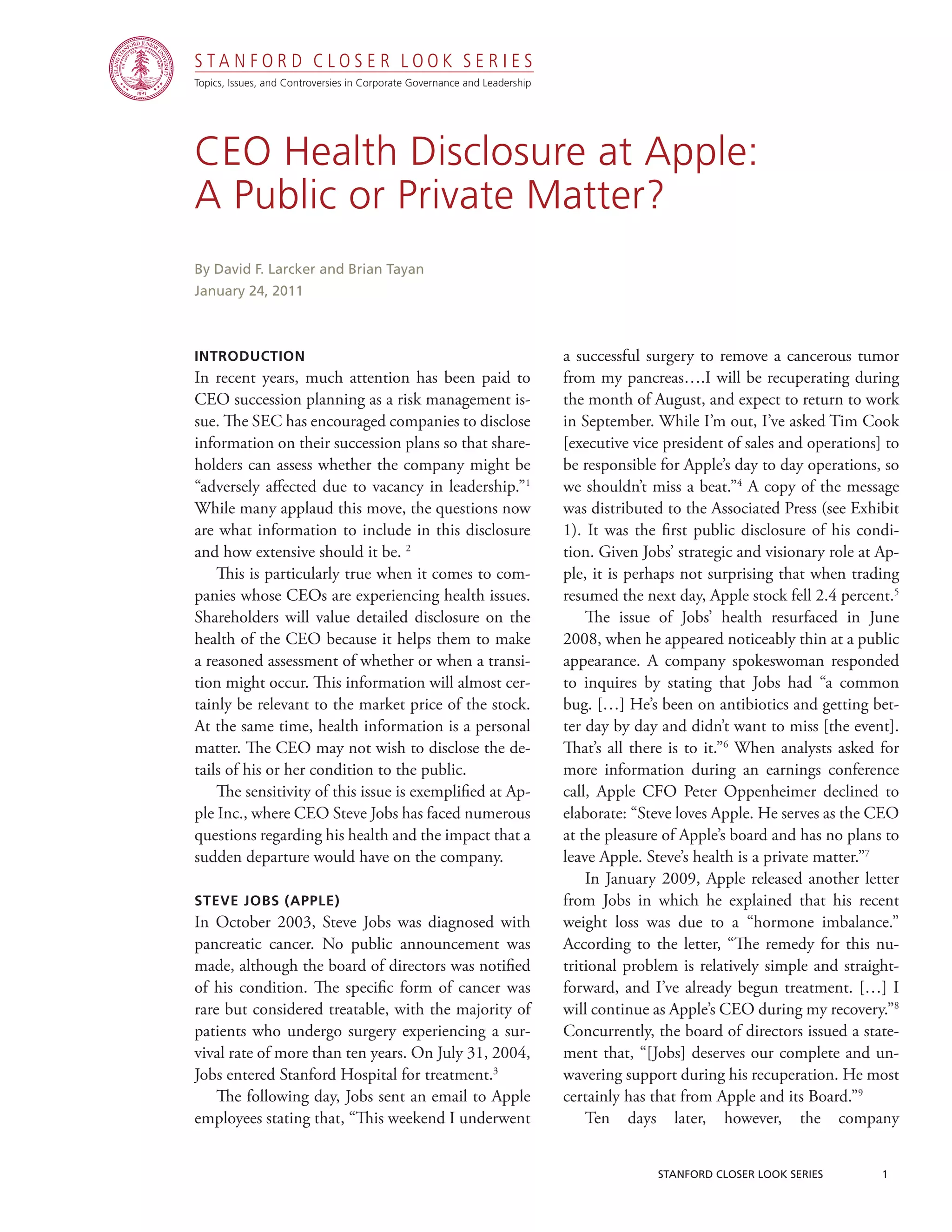 CEO Health Disclosure at Apple: A Public or Private Matter? | PDF