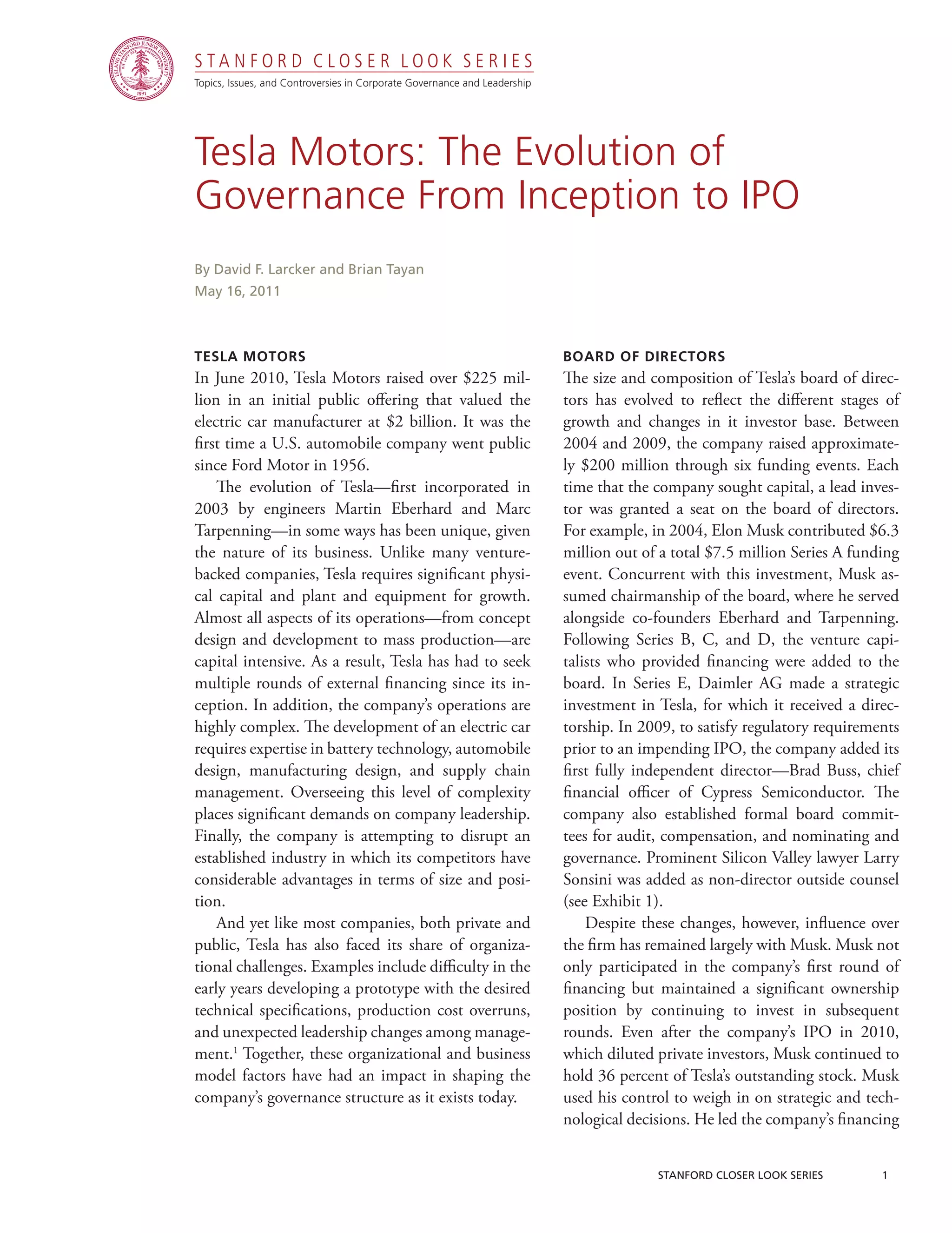 Tesla Motors: The Evolution of Governance from Inception to IPO | PDF