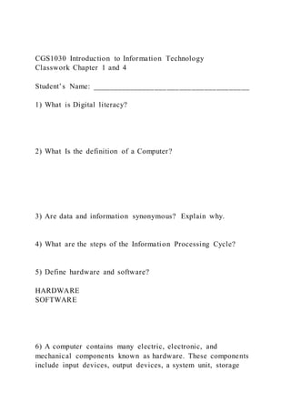 CGS1030 Introduction to Information TechnologyClasswork Chapter | PDF
