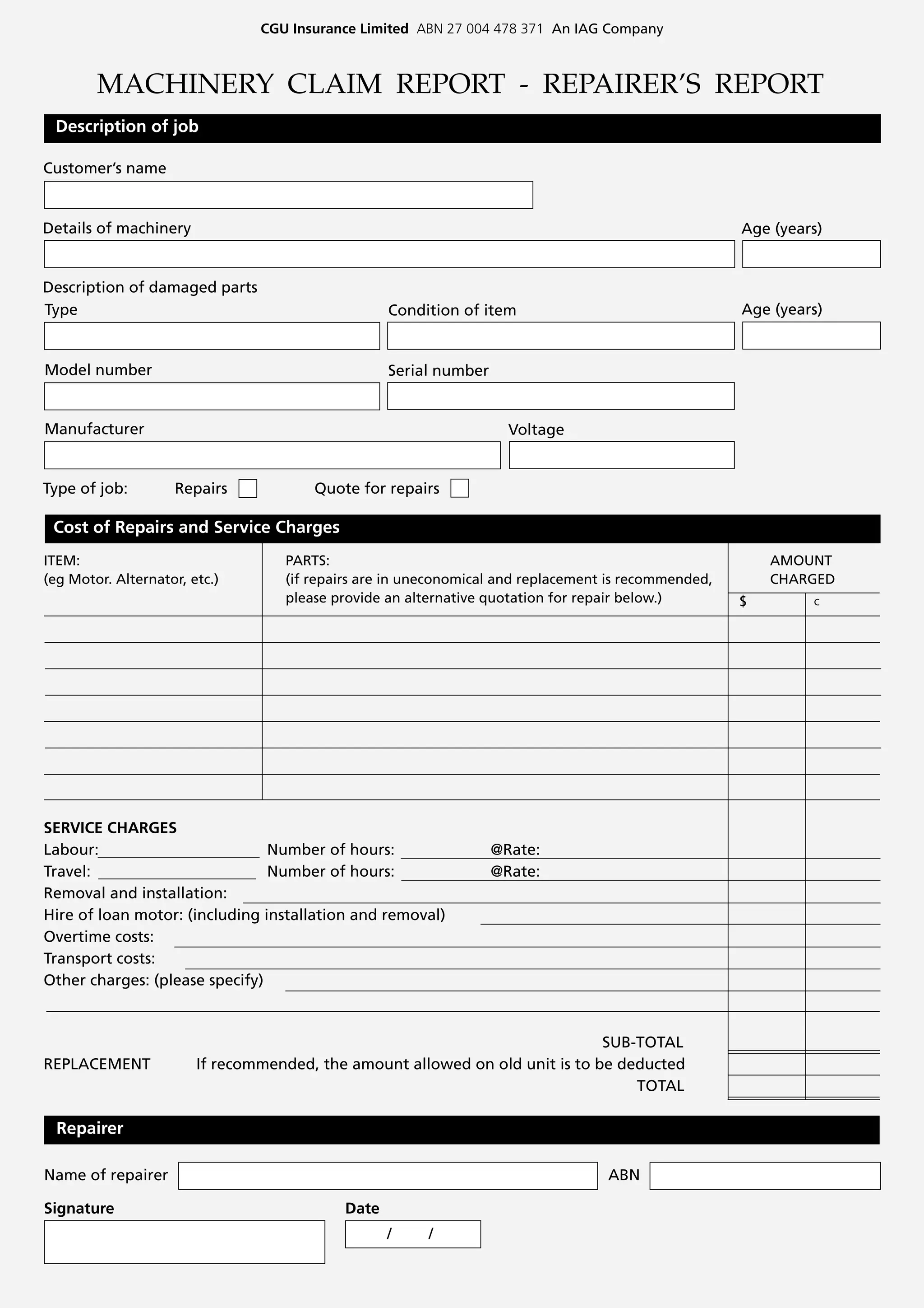 CGU Machinery Breakdown Claim Form | PDF