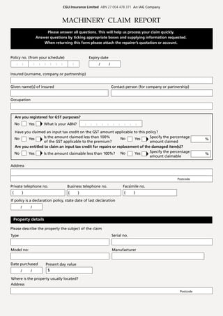 CGU Machinery Breakdown Claim Form | PDF