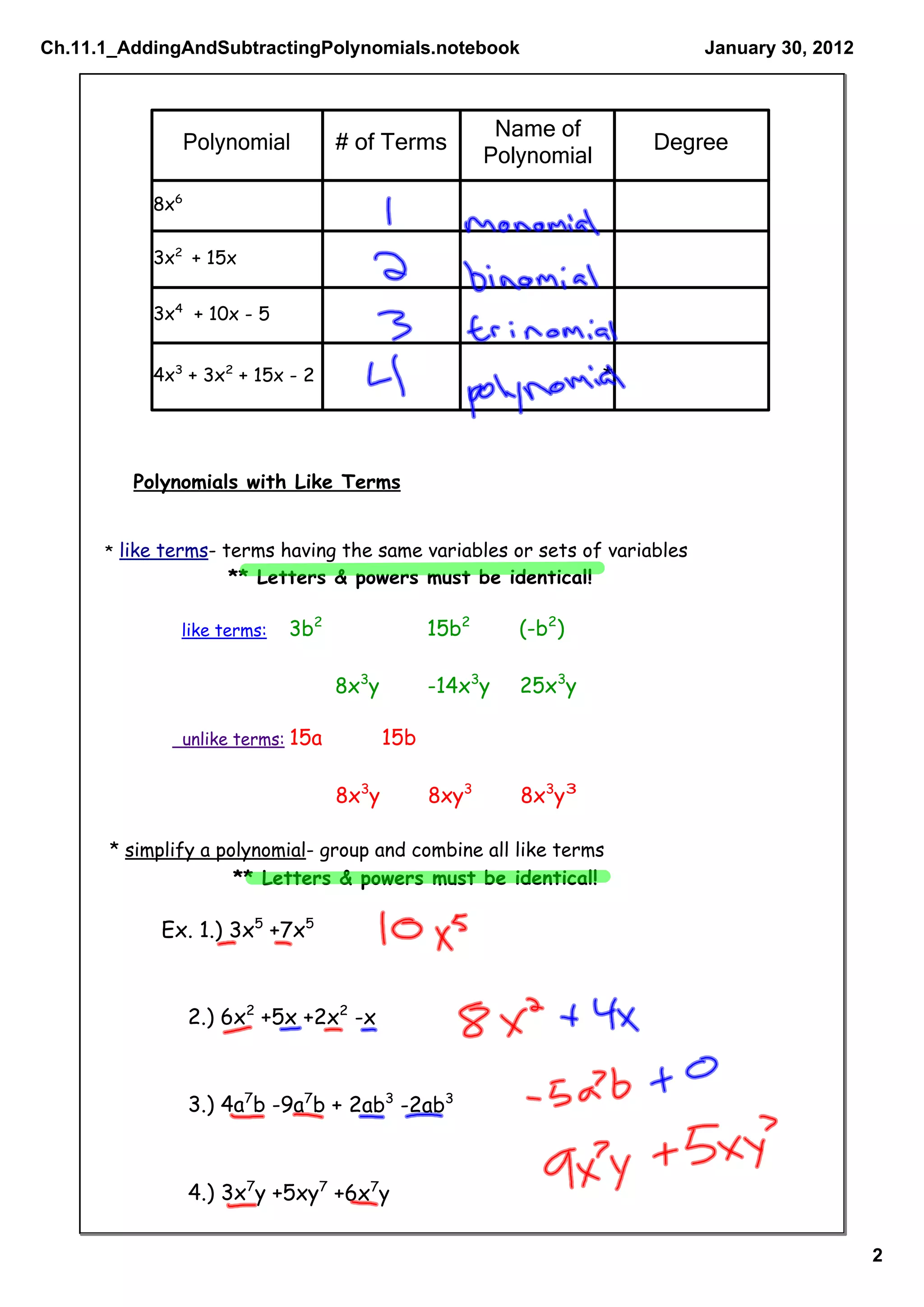Ch.11.1 Adding and Subtracting Polynomials | PDF