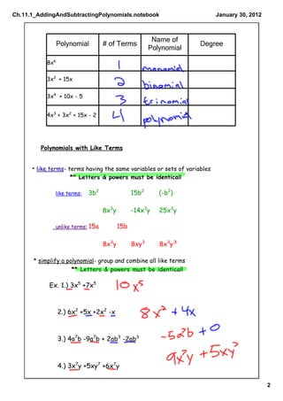 Ch.11.1 Adding and Subtracting Polynomials | PDF