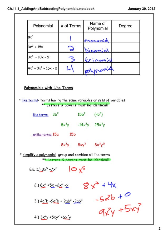 Ch.11.1 Adding and Subtracting Polynomials | PDF