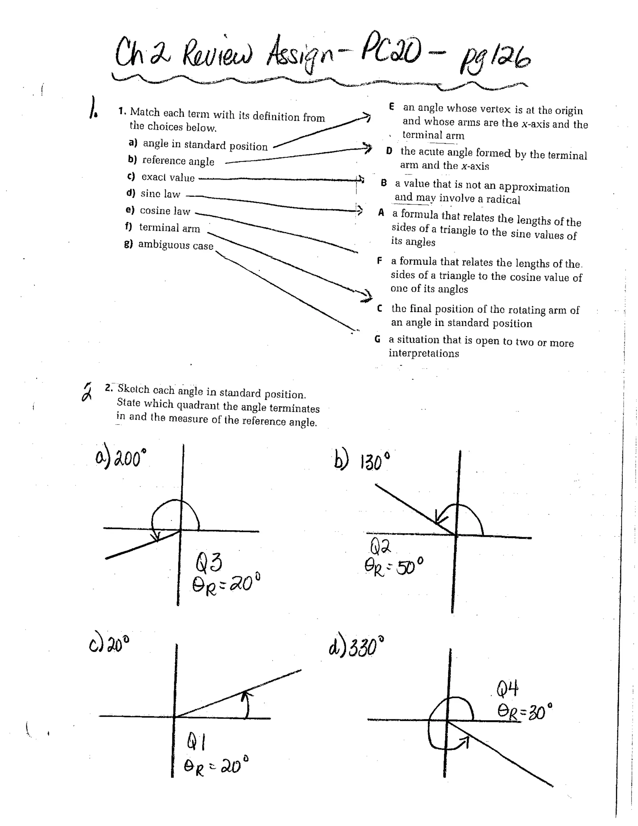Pre-Calc 20 Ch. 2 review assignment answer key | PDF
