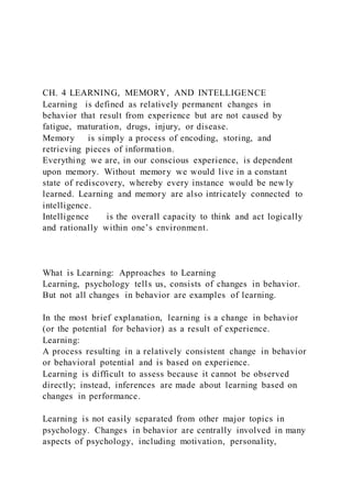 CH. 4 LEARNING, MEMORY, AND INTELLIGENCELearning is defined | PDF