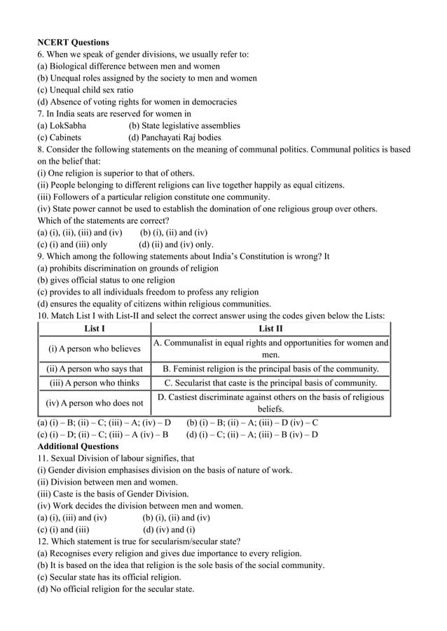 Ch.3 Gender, Religion and Caste.docx class 10 | PDF