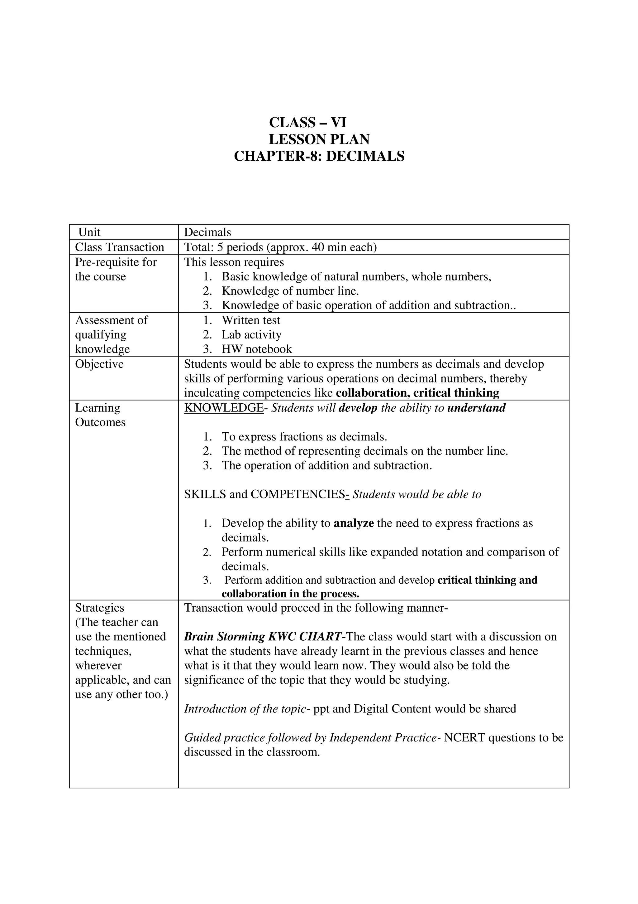 Ch 8 decimals lesson plan | PDF
