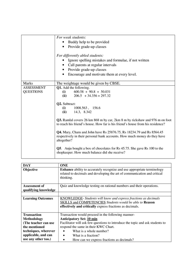 Ch 8 decimals lesson plan | PDF | Educational Assessment | Education
