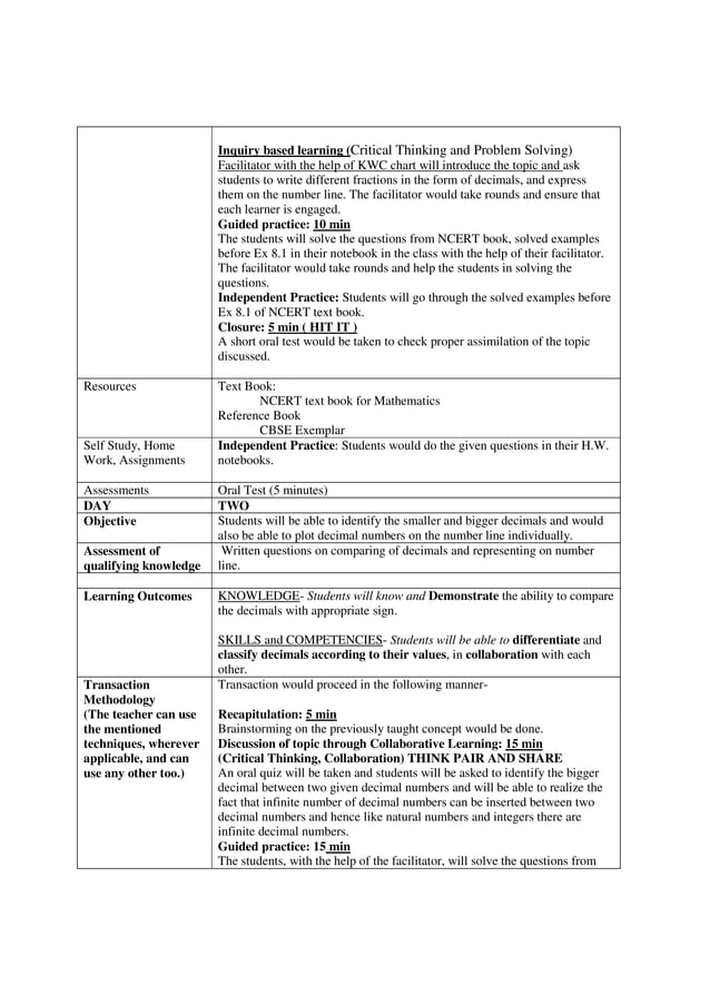 Ch 8 decimals lesson plan | PDF | Educational Assessment | Education