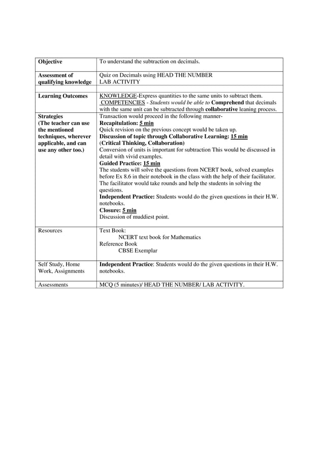 Ch 8 decimals lesson plan | PDF | Educational Assessment | Education