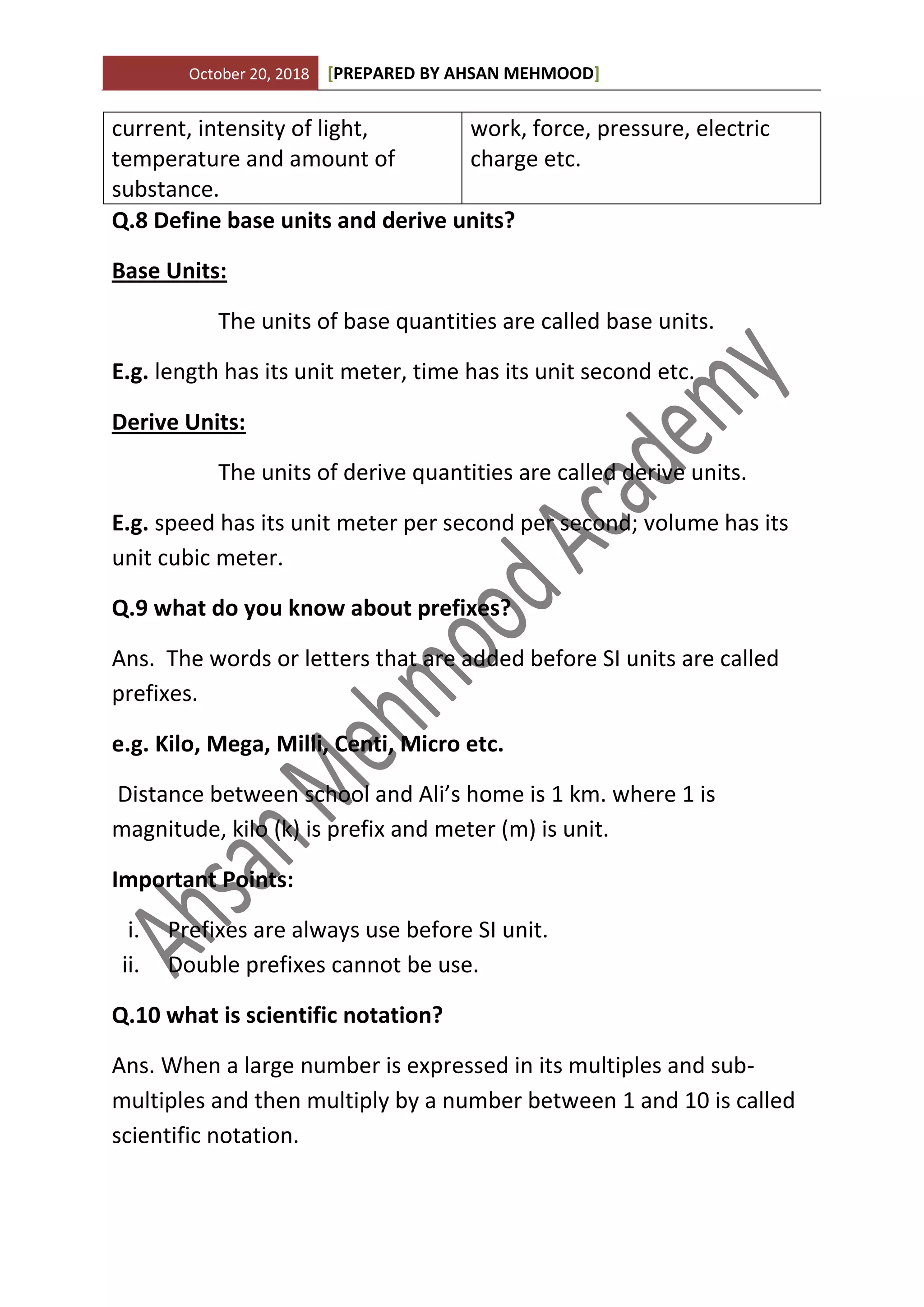 9th class Physics notes | Chapter no 01 by Ahsan Mehmood | PDF
