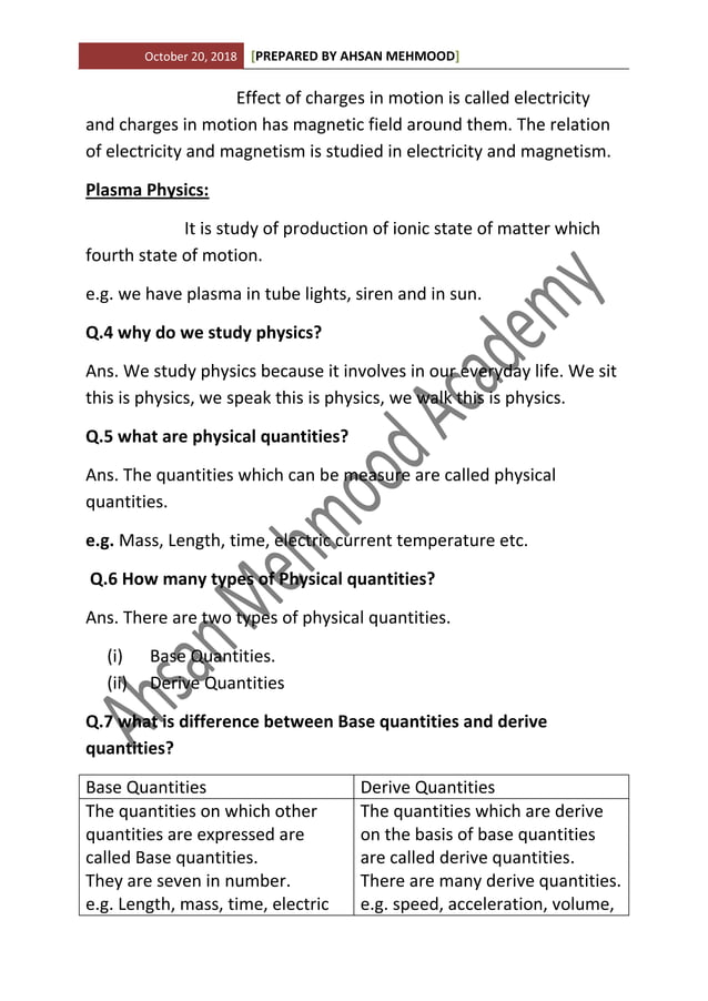 9th class Physics notes | Chapter no 01 by Ahsan Mehmood | PDF