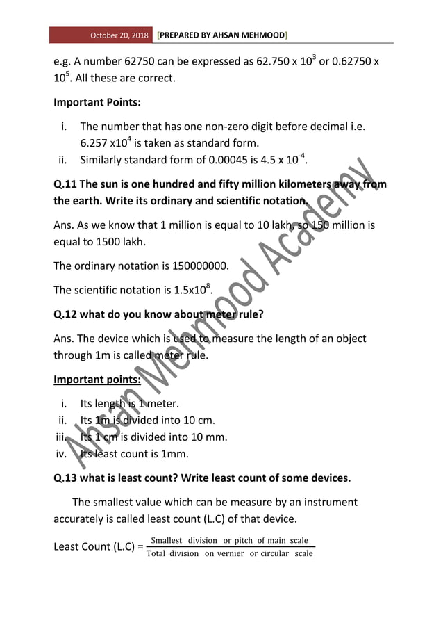 9th class Physics notes | Chapter no 01 by Ahsan Mehmood | PDF