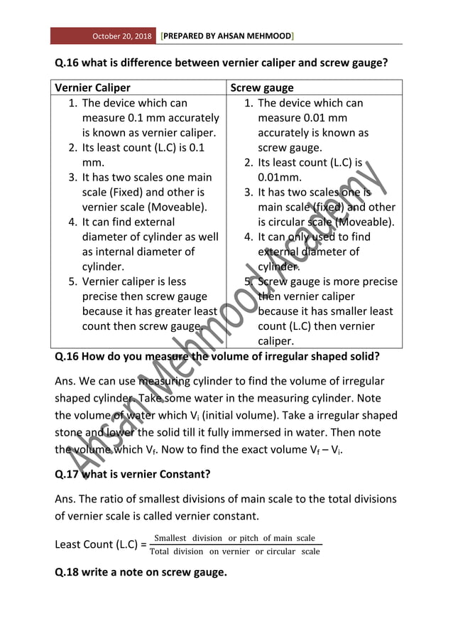 9th class Physics notes | Chapter no 01 by Ahsan Mehmood | PDF