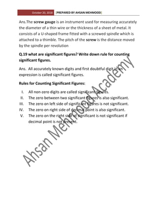 9th class Physics notes | Chapter no 01 by Ahsan Mehmood | PDF