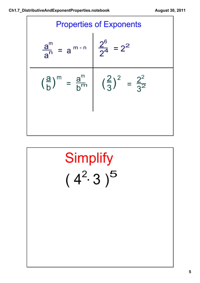 Ch1.7 Distributive and Exponent Properties | PDF