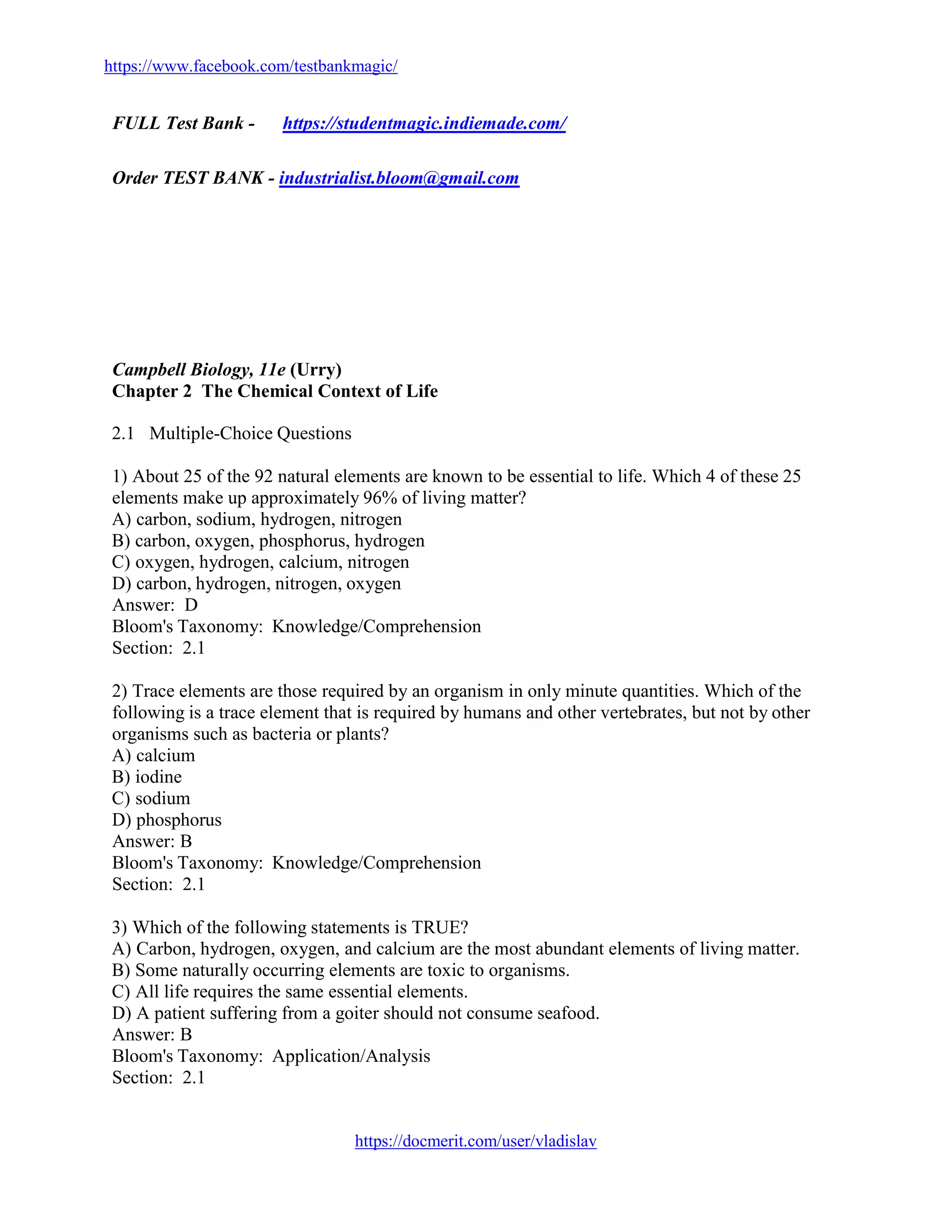 Campbell Biology 11th edition test bank Ch2 | PDF