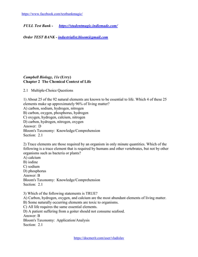 Campbell Biology 11th edition test bank Ch2 | PDF | Chemistry | Science