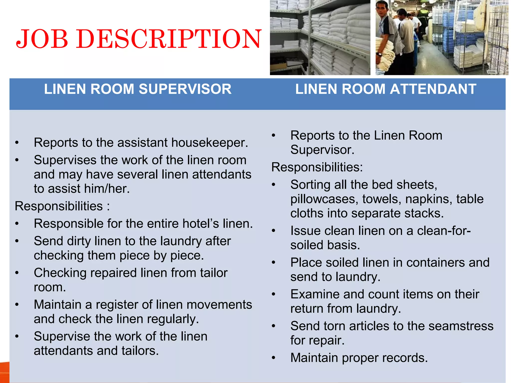 HOUSEKEEPING OPERATION: ROLES AND FUNCTIONS OF HOUSEKEEPING PERSONNEL | PPT