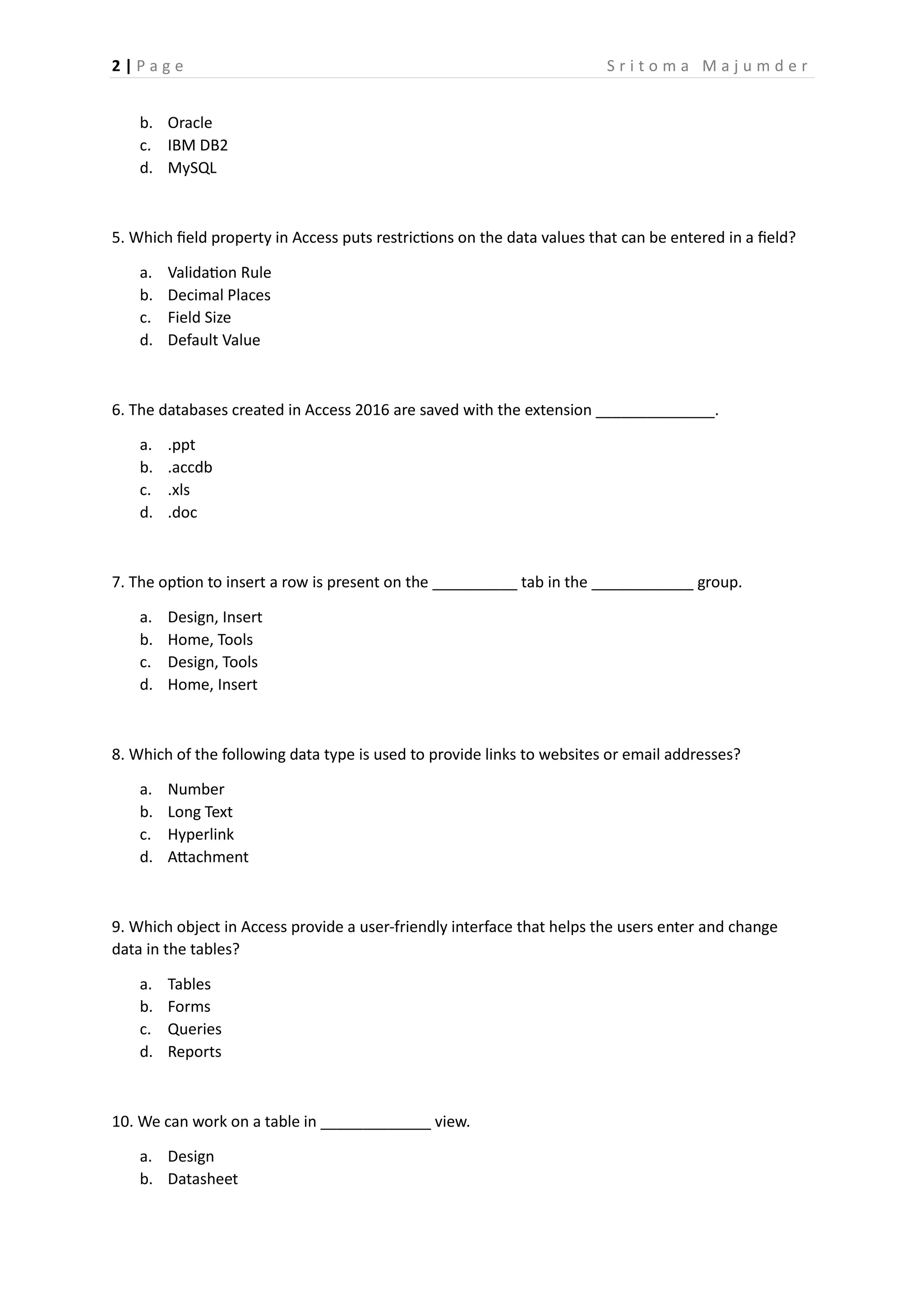 CBSE Grade 8 Computer Introduction to Access 2016 Worksheet | PDF