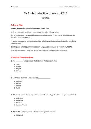 CBSE Grade 8 Computer Introduction to Access 2016 Worksheet | PDF