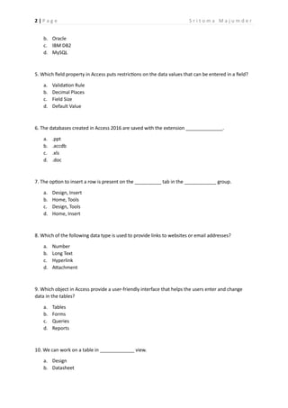 CBSE Grade 8 Computer Introduction to Access 2016 Worksheet | PDF