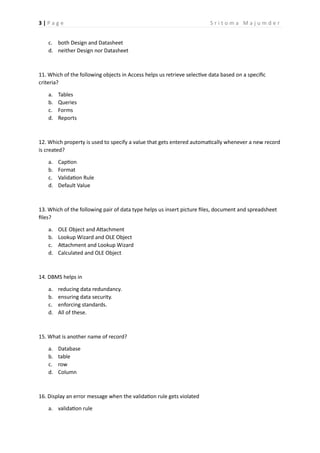 CBSE Grade 8 Computer Introduction to Access 2016 Worksheet | PDF