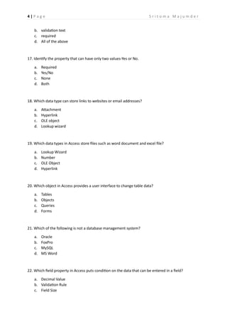 CBSE Grade 8 Computer Introduction to Access 2016 Worksheet | PDF